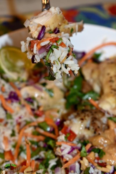 Coconut Confetti Rice Salad with Ginger Peanut Sauce